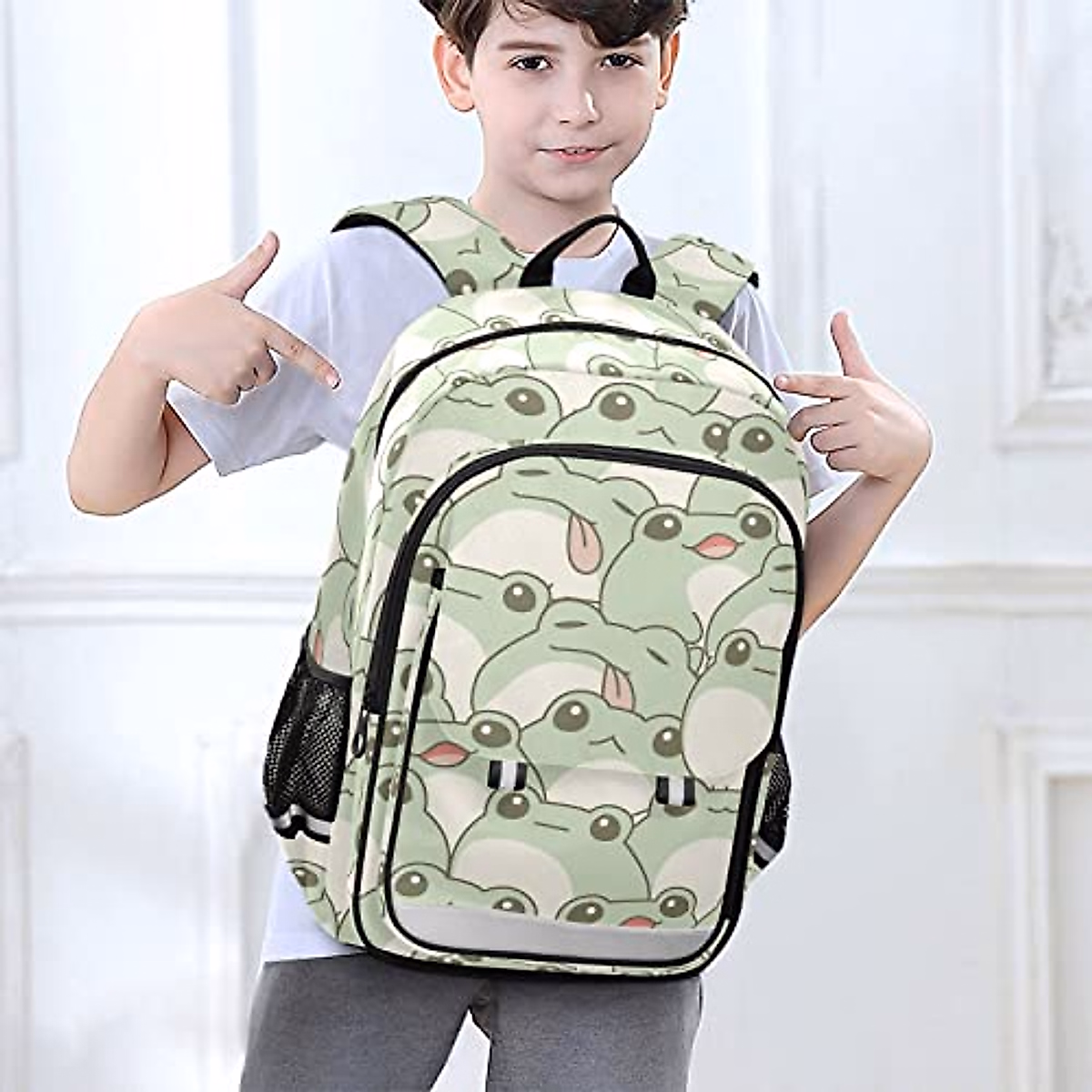 Vnurnrn Cute Frogs Kids Backpack Big Storage Multiple Pockets 17.7 IN Bookbag with Chest Buckle Reflective Strip for Boys Girls 6+ years in Primary Middle High School
