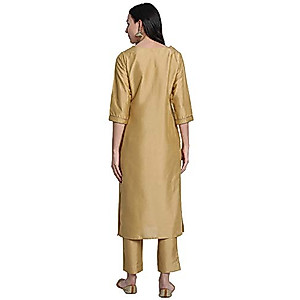Janasya Gold Gota Patti Poly Silk Straight Kurta Set With Dupatta