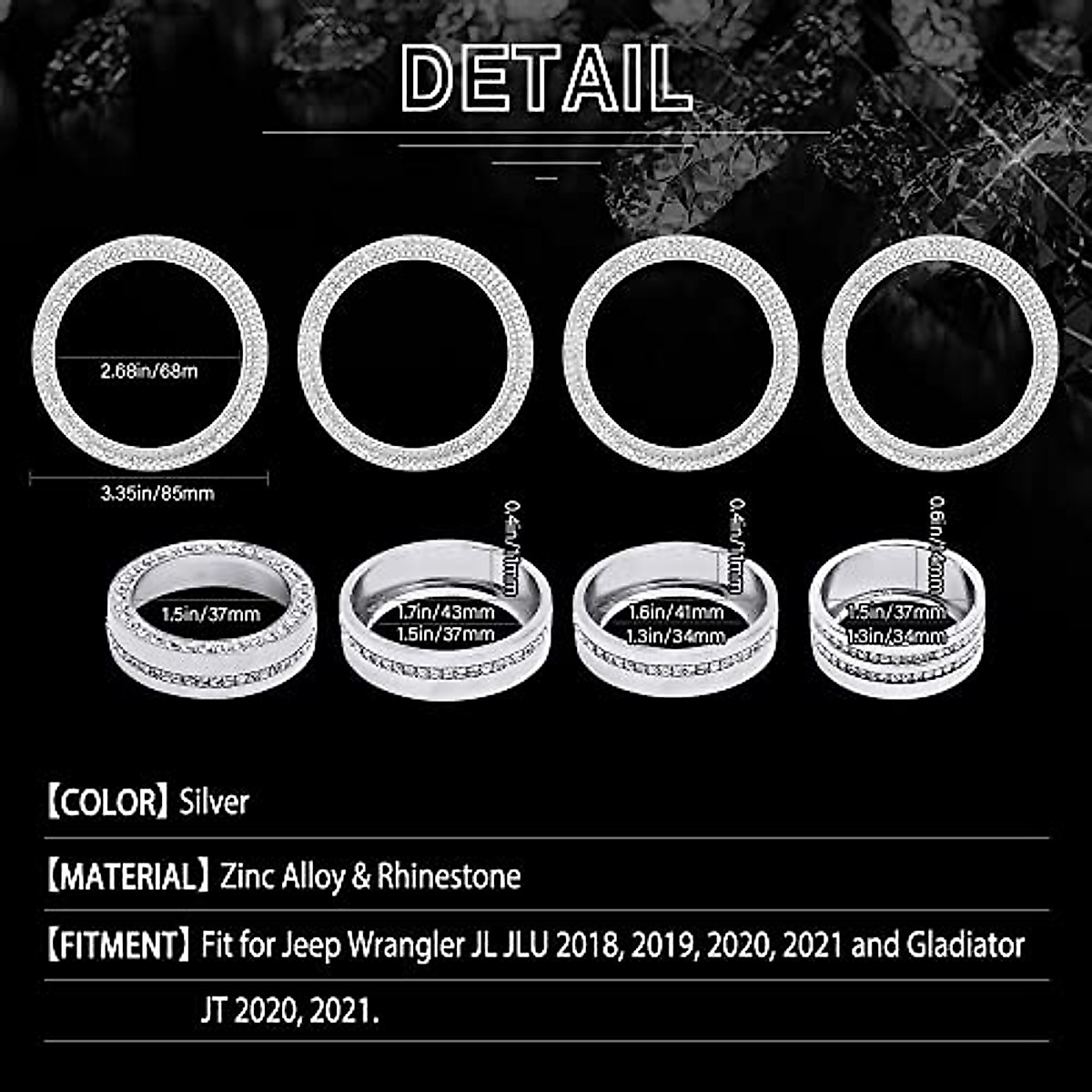 CARFIB for Jeep Bling Accessories Jeep Wrangler JL JLU Gladiator JT Air Vents AC Knobs Decals Stickers 2020 2021 Car Women Rhinestone Silver 8 Pack