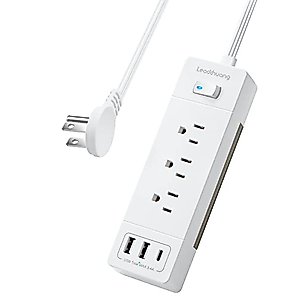 Leadchuang 1875W Power Strip Ultra-Flat Plug Extension Cord with USB C Ports, Surge Protector with 3 USB 3 AC Outlet, Mountable Flat 5 ft with Phone Stand for Kitchen, Home and Office