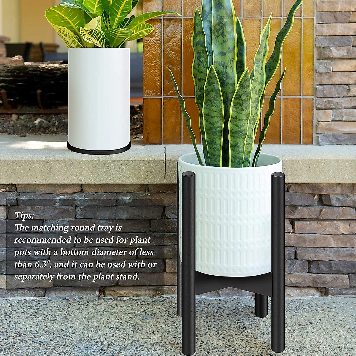 Hyenikoo Plant Stand - Adjustable Indoor Black Plant Stand, Plant Holder, Mid Century Corner Plant Stand with Tray - Fit 8 to 12 Inches Pots (Pot Not Included) - Bamboo Wood