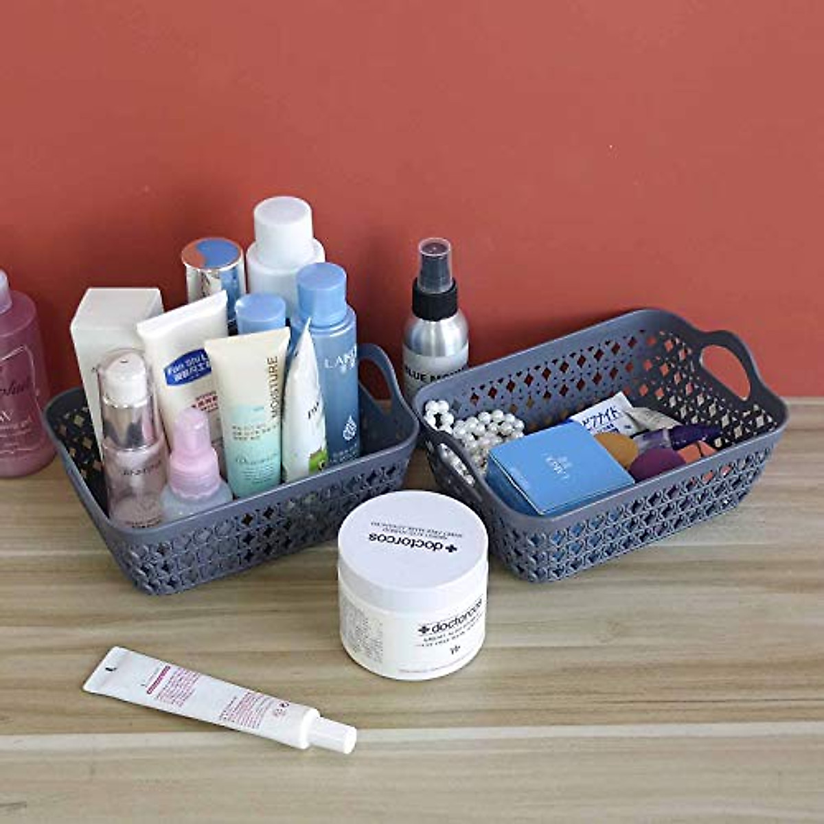 Readsky Small Plastic Storage Baskets with Handles, Desktop Weave Storage Baskets, Deep Grey, 12 Packs