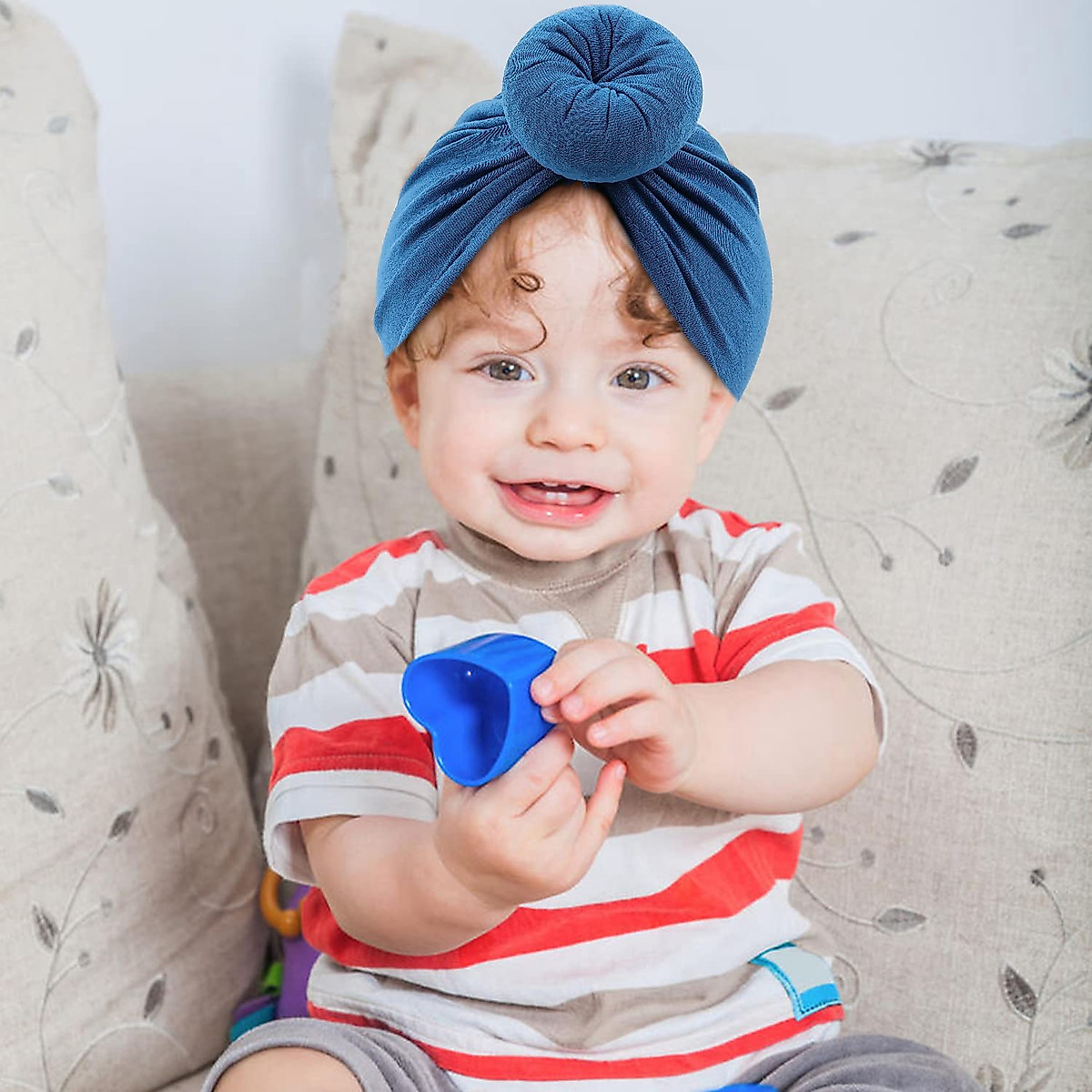 8 Pack Solid Green Blue Red Pink Gray Large Donut Ball Knot Bow Cotton Beanie Turban Hat Cap India Muslim Islamic Headwrap Winter Hospital Nursery for Newborn Baby Girl Infant Toddler Kids