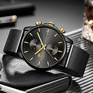 GOLDEN HOUR Men’s Watch Fashion Sport Quartz Analog Mesh Stainless Steel Waterproof Chronograph Watches, Auto Date in Gold Hands, Color: Black