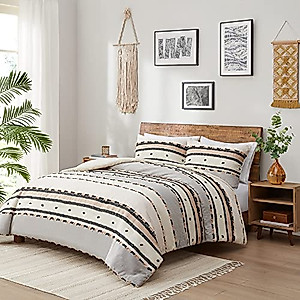 Hyde Lane Boho King Comforter Set ，Modern Farmhouse Tufted Bedding Sets, Cotton Top with Neutral Rustic Style Clipped Jacquard Stripes, 3-Pieces Including Matching Pillow Shams (104x90 Inches)