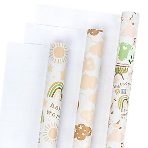 LeZakaa Baby Shower Wrapping Paper Roll - Mini Roll - Baby Suit/Rainbow, Sun/Cloud for Baby Boy, Girl - 17 x 120 inches - 3 Rolls (42.5 sq.ft.ttl.)