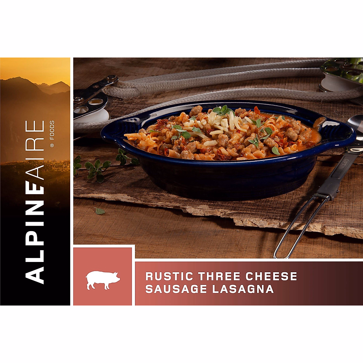 AlpineAire Foods Rustic Three Cheese Sausage Lasagna, Freeze-Dried/Dehydrated, Entrée Meal Pouch, Just add Water, Black