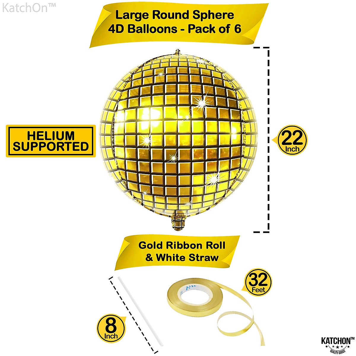 KatchOn, Big Gold Disco Ball Balloons - 22 Inch, Pack of 6, Gold Disco Party Decorations | 4D Gold Disco Balloons, 70s Party Decorations | Gold Disco Ball Decorations | Disco Ball Balloons Gold