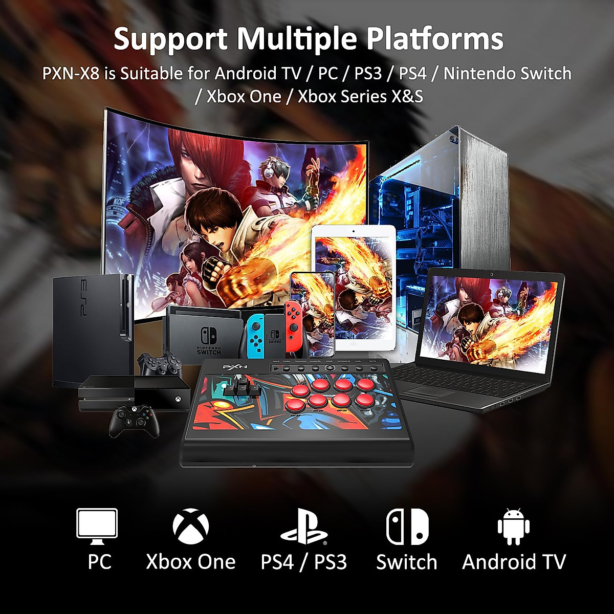 PXN Arcade Fight Stick, X8 Street Fighter Arcade Game Fighting Joystick with USB Port, with Turbo & Audio Functions, Suitable for PS3 / PS4/ Xbox Series X|S/Xbox One/Nintendo Switch/PC Windows