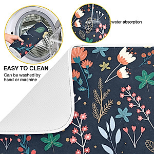 Dish Drying Mat for Kitchen Counter Colorful Flowers Black Absorbent Drying Matt for Dishes Sink Countertop 16'' x 18''