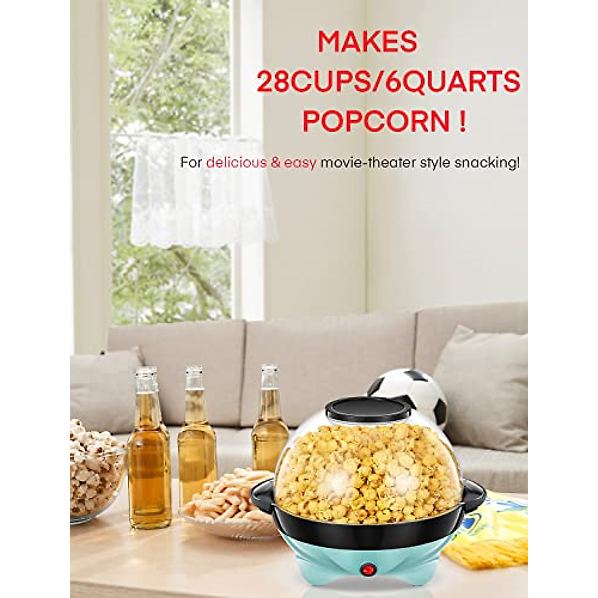 Popcorn Machine, 28cups Popcorn Maker with Stirring Rod, Detachable & Nonstick Plate, Hot Oil Popcorn Popper Maker Easy to Use, 6Qts Large Lid for Serving Bowl, 2 Measuring Spoons & Cool Touch Handles