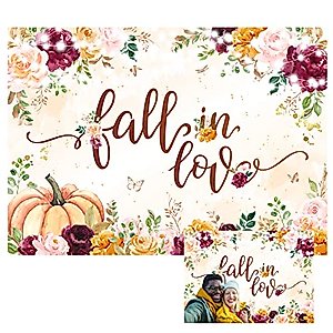 Fall in Love Background Decoration Autumn Watercolor Floral Pumpkin Background Suitable for Wedding Bridal Shower Photo Booth Props Decoration Supplies - 7×5Ft