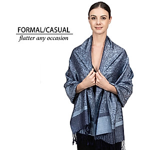 Achillea Two Tone Vintage Jacquard Paisley Pashmina Shawl Wrap Scarf (Steel Blue)