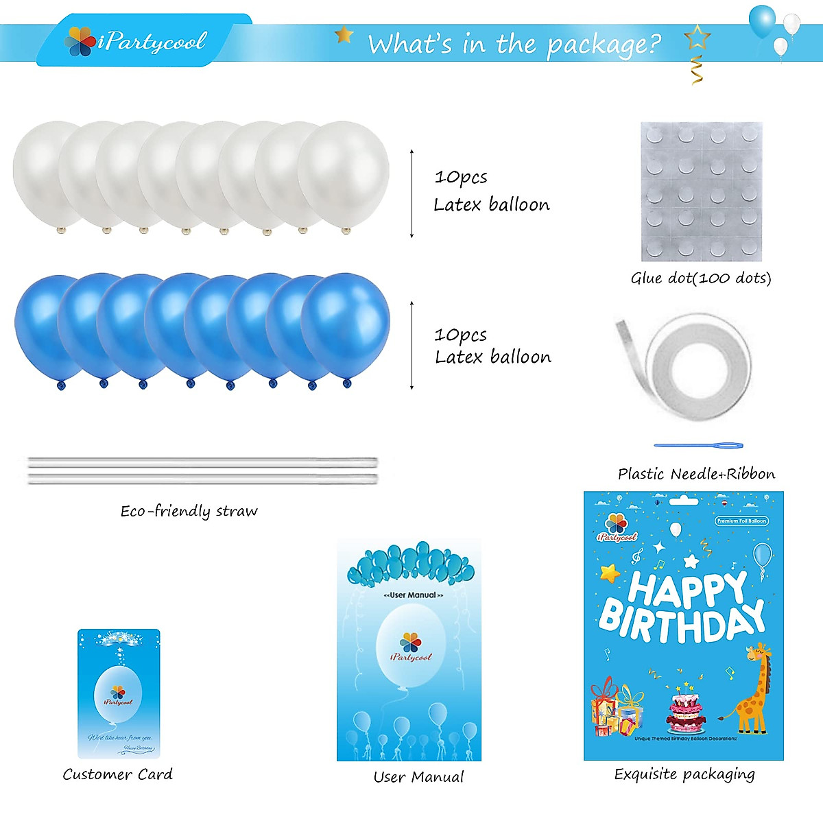 iPartycool 50Pcs Party Birthday Balloons Kit, 3D Premium Reusable Aluminum Foil Letter Banner and Ecofriendly Big Star and Latex Balloons Set for Birthday Party Decorations and Supplies 2S-A