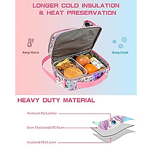 IvyH Kids Lunch Bag with Bottle Holder, Children Lunch Box with 3 Compartments, Unicorn Girls Insulated Lunchbox Bag Tote for School Travel Snacks Carrier, Pink