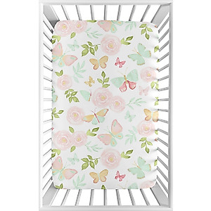 Sweet Jojo Designs Blush Pink, Mint and White Watercolor Rose Baby Girl Fitted Mini Portable Crib Sheet for Butterfly Floral Collection - for Mini Crib or Pack and Play ONLY