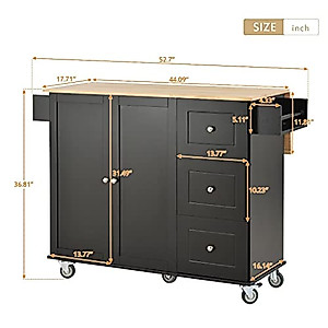 Ayvbir Kitchen Island On Wheels with Drop Leaf Black Rolling Kitchen Cart with Storage Cabinet Mobile Island Table w/ 2 Doors, 4 Drawers, Spice Rack & Towel Rack for Breakfast, Dining