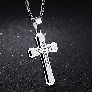 OLEVS Diamond Silver Cross Pendant Necklace Metal Womens Cross Pendant for Women Necklace Small Mens Cross Pendant Necklace Silver Stainless Steel Cross Pendant Necklace for Men Women Girls