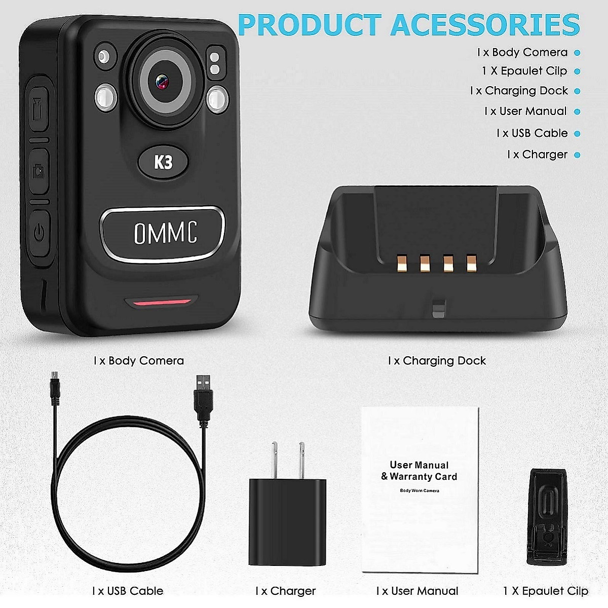 OMMC K3 1440P HD Police Body Camera,Portable Body Camera with with Audio Recording Wearable,Night Vision, 128G Memory Body Worn Camera for Law Enforcement,Personal Use