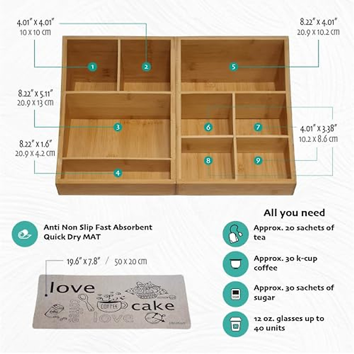 IMAJINAAR Large Capacity Coffee Pod Organizer for K Cups, Tea Bags & Snacks | Bamboo Coffee Station & Condiment Organizer with Spill-Resistant Mat (17.7''x11.8'')