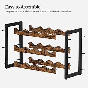SONGMICS Countertop Wine Rack, 3-Tier Display Wine Storage Shelves, Holds 12 Bottles, Bamboo Wobble-Free Bottle Holder for Kitchen Bar Dining Room Living Room, Rustic Brown and Black UKWR011B01
