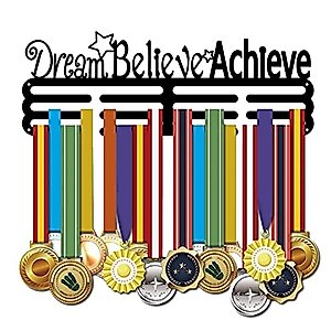SUPERDANT Sports Medal Hanger Display Hanger Rack Dream Believe Achieve Black Iron Wall Mounted Hooks Star Medals Competition Medal Holder Display Wall Hanging for Kids Adults for Over 60