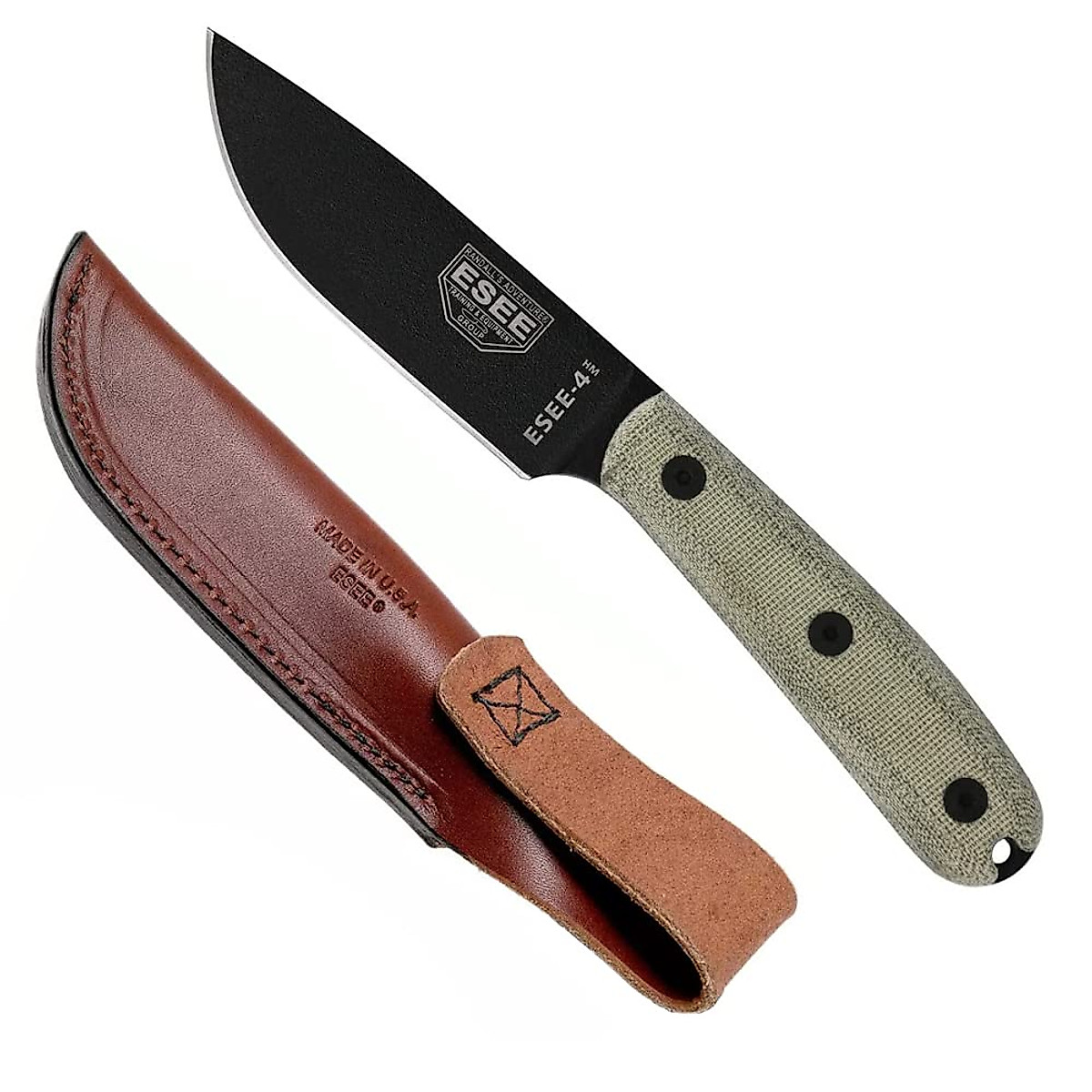 ESEE Authentic Model 4HM Fixed Blade Knife, Black Powder Blade, Micarta Handle, Leather Sheath