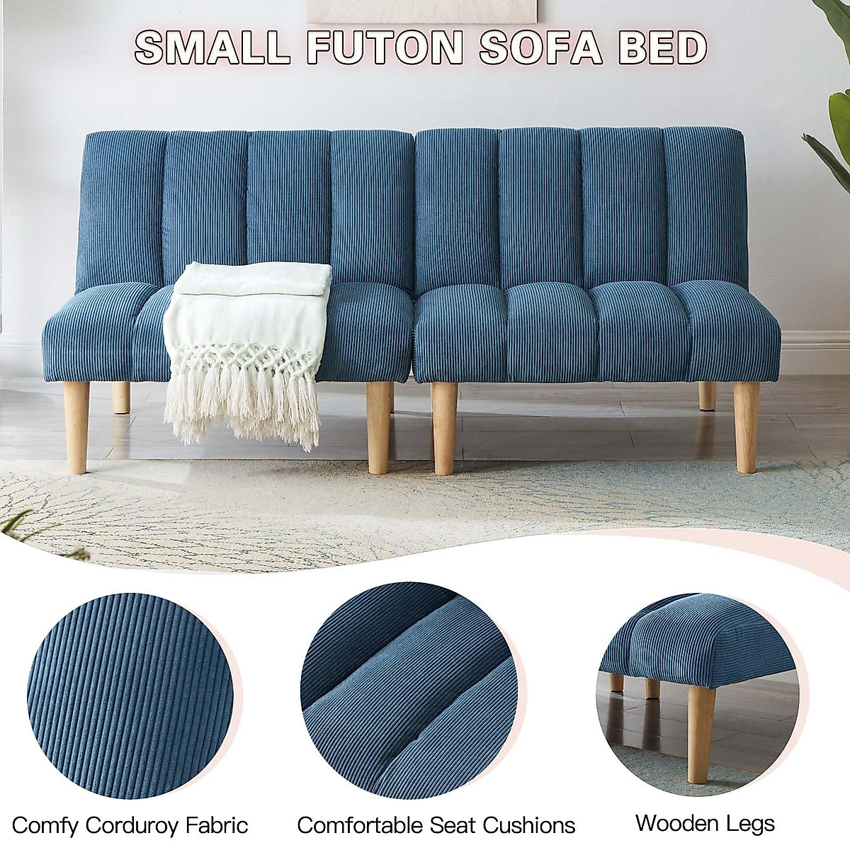 MEGA FURNIT Convertible Futon Sofa Bed - Modern Sleeper Loveseat with Adjustable Backrest, Wooden Legs, and Soft Corduroy Fabric for Living Room, Bedroom, and Small Spaces (Blue)