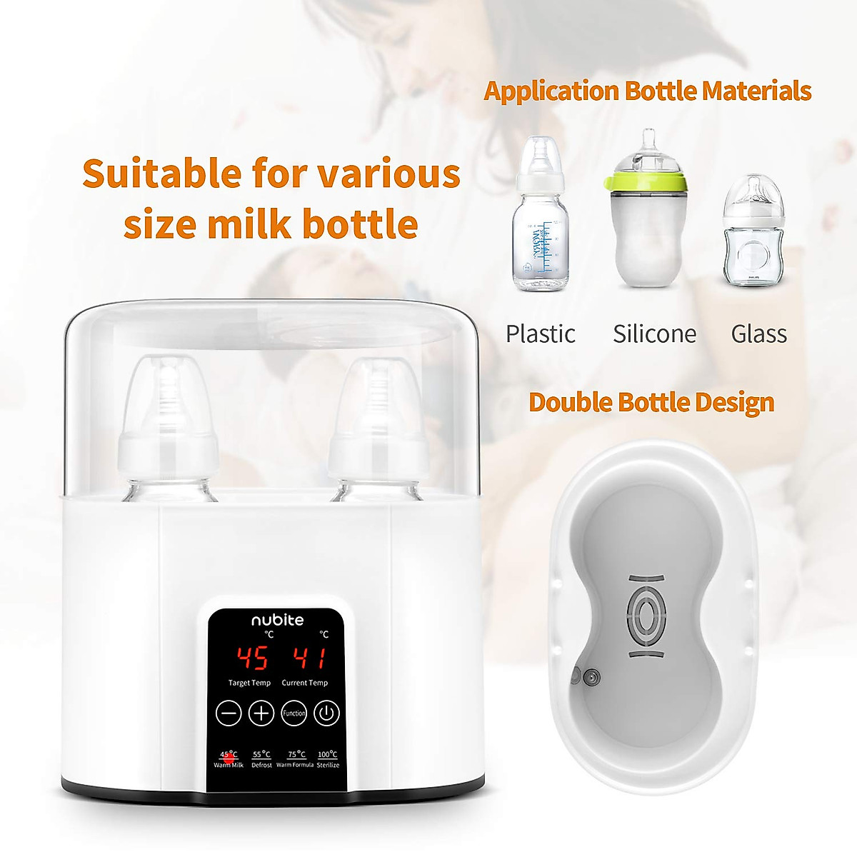 Baby Bottle Warmer, Fast Milk Warmer for Breastmilk Formula, Baby Food Steamer, Fits 2 Bottles, Accurate Temperature Control, with Defrost, Steam Water Boiler, Heat Baby Food Jars Function