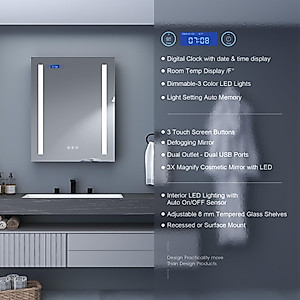 FRALIMK LED Medicine Cabinet with Vanity Mirror Lights, 24x30 inch Bathroom Wall with Defogger, Date/Time, Room Temp Display, 3X Makeup Mirror, Outlet, Recessed or Surface,Right Hinge