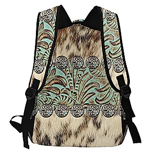 SWEET TANG Rustic Brown Teal Western Country Tooled Leather School Bag Backpack College Bookbag, Laptop Backpacks Computer Bag Travel One Size