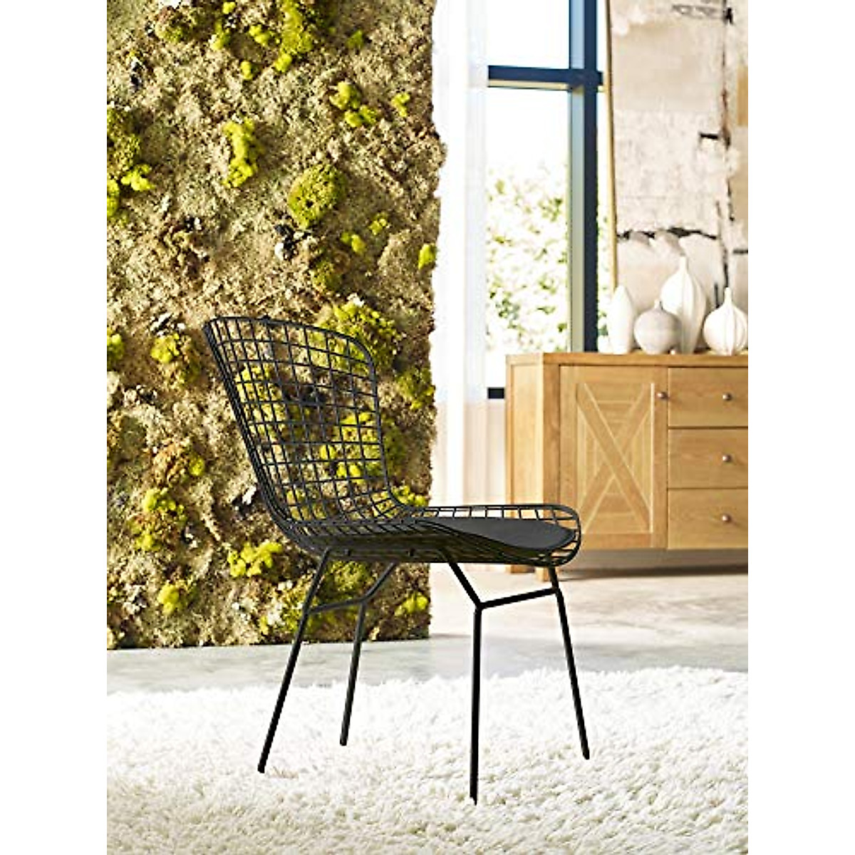 Elle Decor CHRHLYBLKM01 Holly Mid Century Modern Dining Side Chair with Geometric Grid Wire Design, Wide Curved Back, Faux Leather Seat Pad, Black