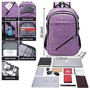 Large Laptop Backpack 17.3 inch Durable Waterproof Travel College Backpack Bookbag for Men & Women Business Backpack with USB Charging Port and Headset Port Light Purple