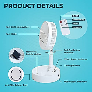 Foldable Swing Retractable Table Fan / Floor Fan with Remote Control Portable Battery Powered Fan for Home Office Outdoor Boating Camping Travel