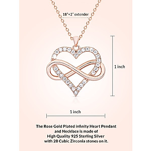 Sash & Soph Infinity Heart Necklace for Women. Rose Gold Plated 925 Sterling Silver Heart Necklace for Girlfriend, Love Heart Pendant on 18" Chain with 2" Extender