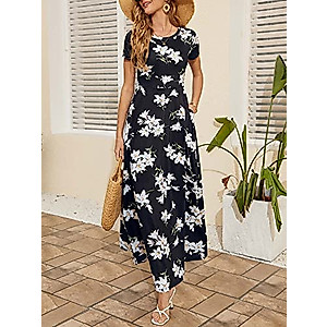 ZABERRY Womens Floral Maxi Dresses Summer Short Sleeve Round Neck Long Dress Lily Floral L