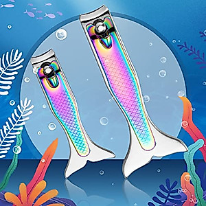 2Pcs Mermaid Nail Clipper Set, Fishtail Design Comfortable Grip Stainless Steel Easy to Use Fingernail Scissors Cutter for Home Use, Christmas Birthday Stocking Stuffers (Multicolor)