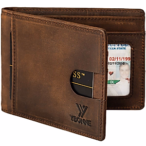 YBONNE RFID Blocking Slim Bifold Wallets for Men, Made of Finest Genuine Leather (Brown)