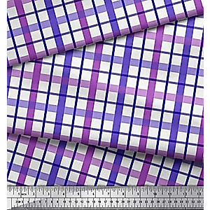 Soimoi Purple Cotton Canvas Fabric Window Pane Check Print Fabric by The Yard 56 Inch Wide