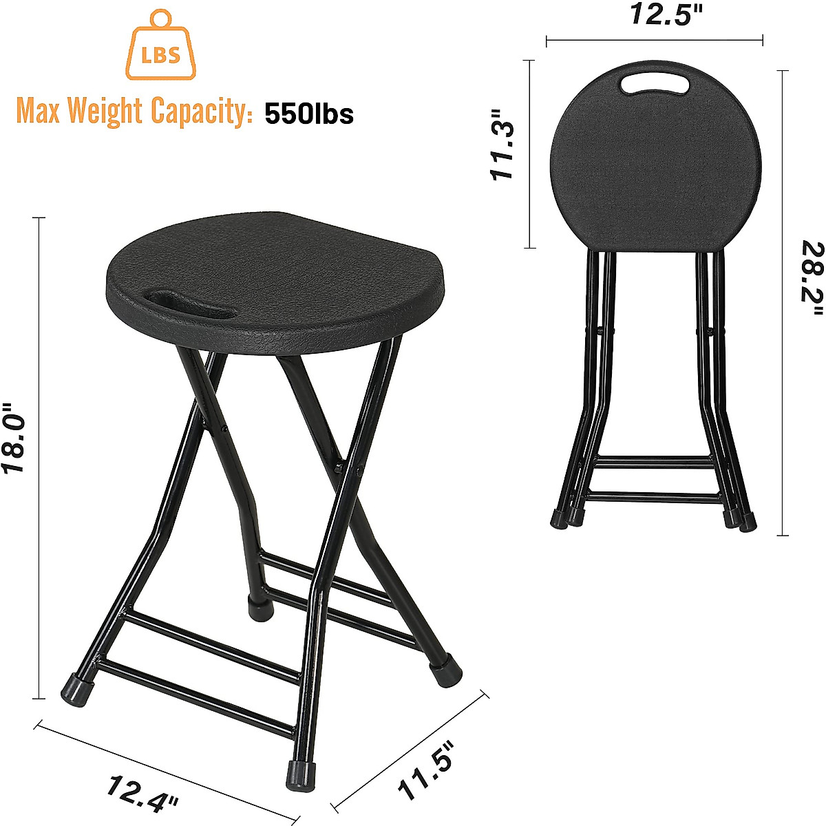 Allpop 2 Pack Folding Stool 18 Inch, Foldable Stool Chair Set of 2, 550lbs Capacity, Portable Round Bar Stool with Handle for Adults Kitchen Garden, Black