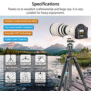 Professional Heavy Duty Carbon Fiber Tripod, ARTCISE 72.6'' Camera Tripod Monopod, 10-Layer Carbon Fibre Tube, 32.5mm Leg with Panorama 44mm Tripod Ball Head for Canon Sony DSLR SLR Digital Camcorder