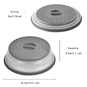 Microwave Splatter Cover for Food, Vented Collapsible Microwave Plate Cover with Easy Grip Handle，BPA-Free Silicone & Plastic, Gray, 10.5 inch