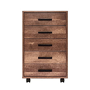 Naomi Home Parker Modern 5 Drawer Dresser Cabinet with Fashionable Handles, Swivel Casters, Small Wood Dresser for Bedroom with Industrial Design, Dressers & Chests of Drawers, Chestnut