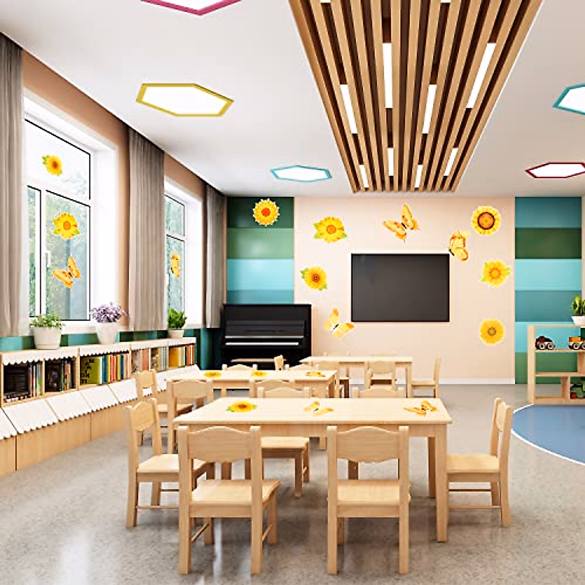 Summer Sunflower Cutouts, BENBO 45Pcs Spring Sunflower Wall Decals Butterfly Gerbera Daisy Bulletin Board Decoration Springtime Flower Cutouts with Glue Point Dots for Classroom School Birthday Party