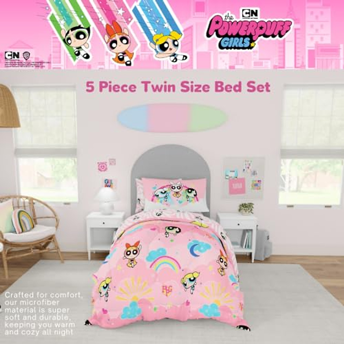 Franco Collectibles Powerpuff Girls Bedding 5 Piece Super Soft Comforter and Sheet Set with Sham, Twin, (100% Official Licensed Product)