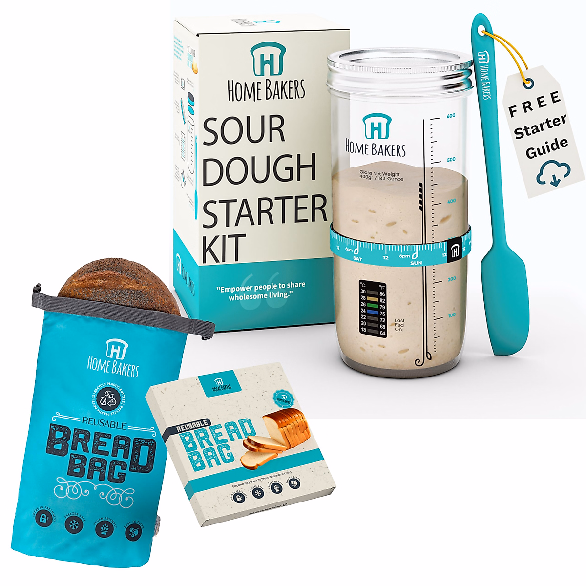 Ameeze Artisan Sourdough Starter Bundle: 24oz Wide Mouth Jar for 3 Loaves and Resusable Bread Bag