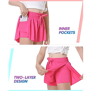 QooNoo Girls Butterfly Shorts with Pocket Flowy Athletic Shorts High Waist Preppy Running Shorts for Kids Teen (Hot Pink,Small)