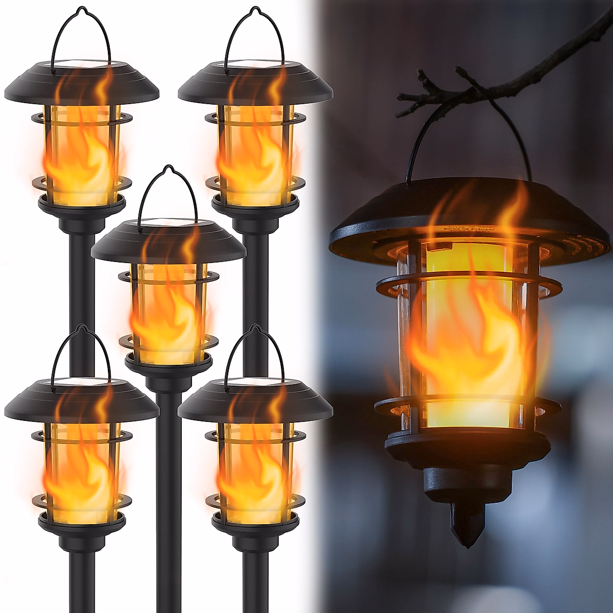 Dynaming 6 Pack Solar Flame Torch Lights Outdoor, Dual Use Flickering Flame Garden Light, Hanging Lantern Lights, Auto On/Off & Waterproof Landscape Lighting for Lawn Patio Yard Walkway Driveway