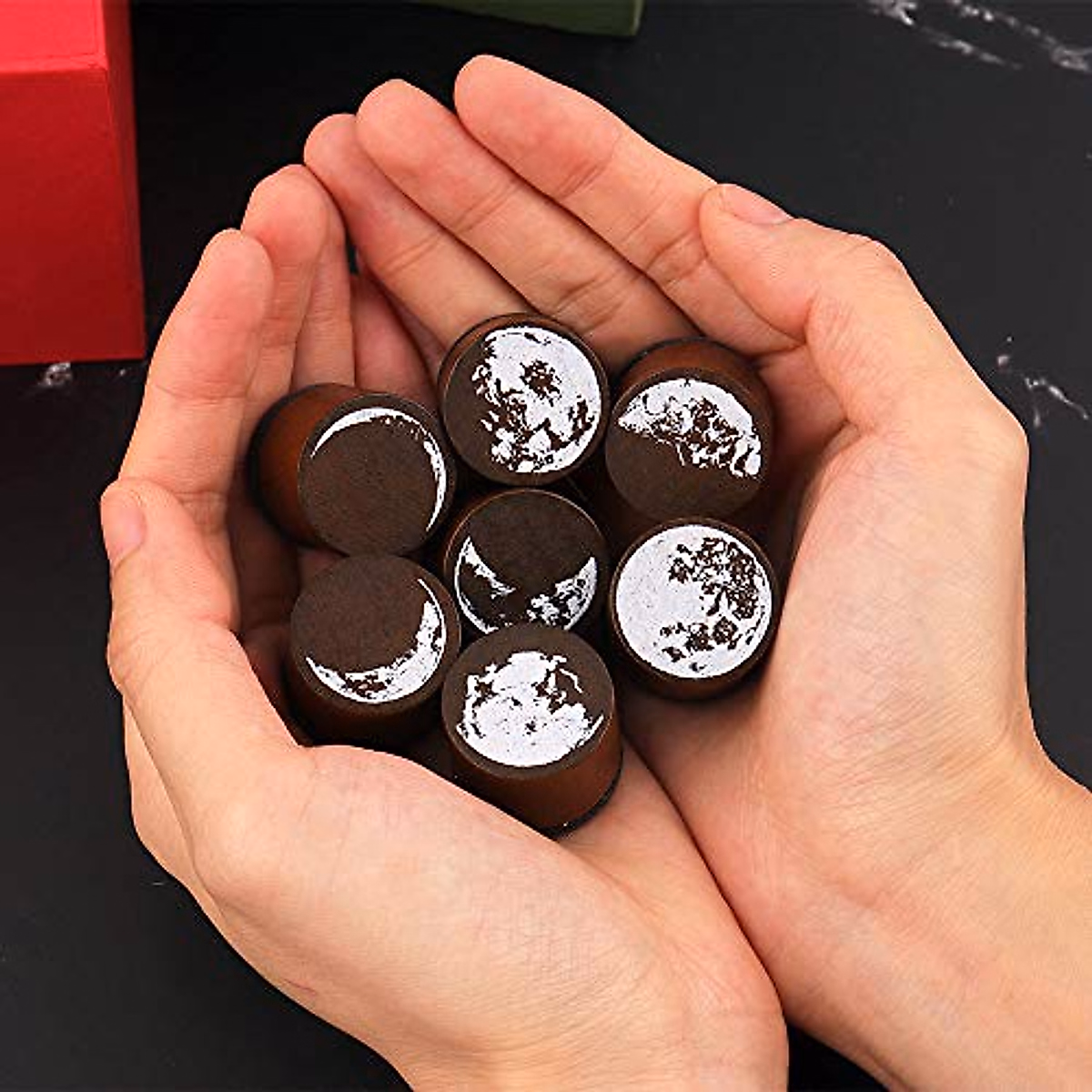 Dizdkizd 7 Pieces Phases of The Moon Wooden Rubber Stamps, Decorative Mounted Rubber Stamp Set for DIY Craft, Letters Diary and Scrapbooking