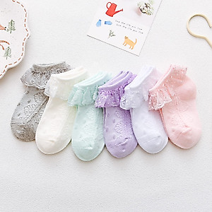 hakugoo Baby Girl Lace Socks Eyelet Ruffle Socks 6 Pairs Pack Princess Dress Socks Infant Toddler, White Ivory Pink Purple Green Grey,6-12 Months